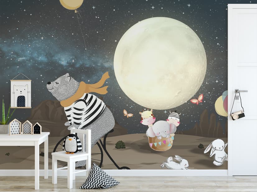 Cartoon Bear and Cute Rabbit with Moon Wallpaper Mural • Wallmur®
